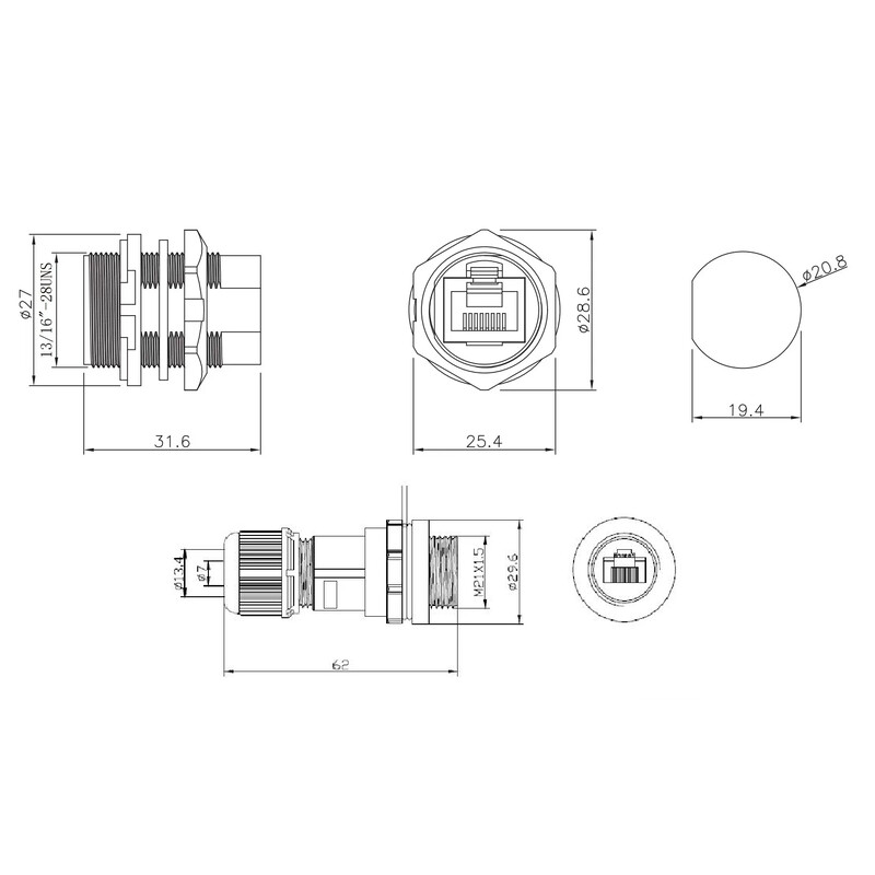 Conector RJ45 IP67 Panel Pasante tuerca trasera con volante